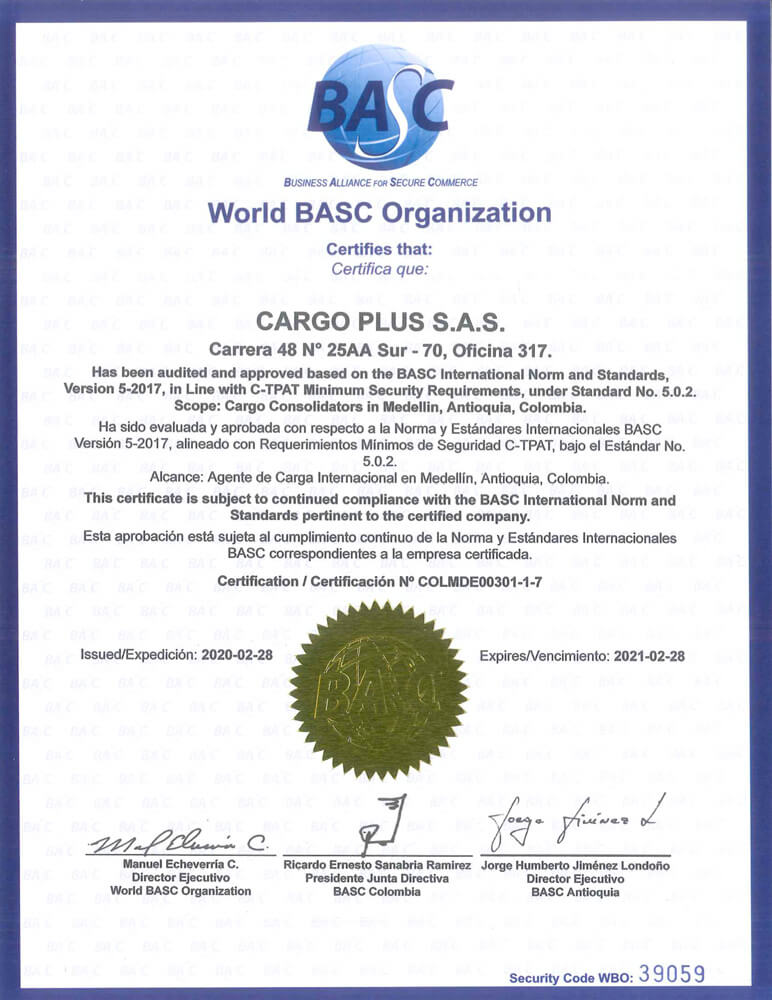 Certificado BASC - Certificados CARGOplus - JRG Proud Global Solutions | Transporte y logística ...