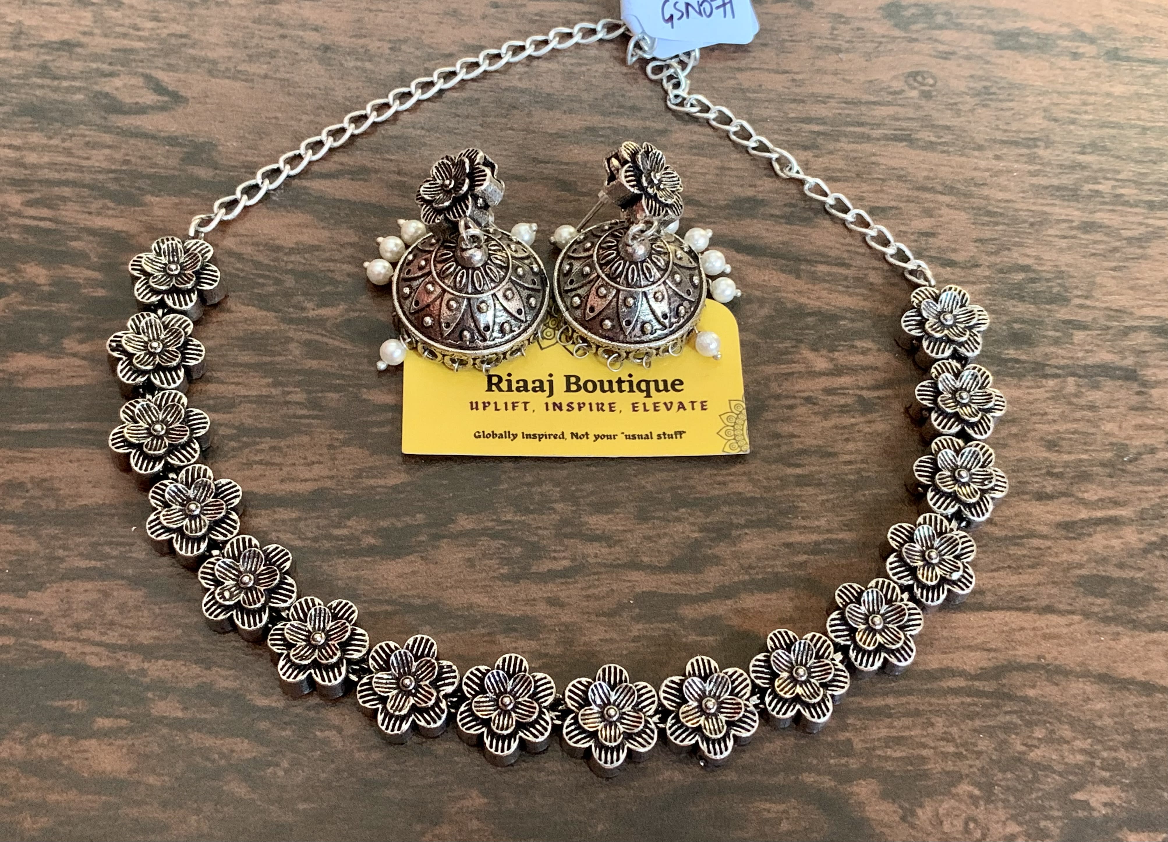 Elegant flower necklace with jhumkas in silver - BLOWOUT Sale - Riaaj ...