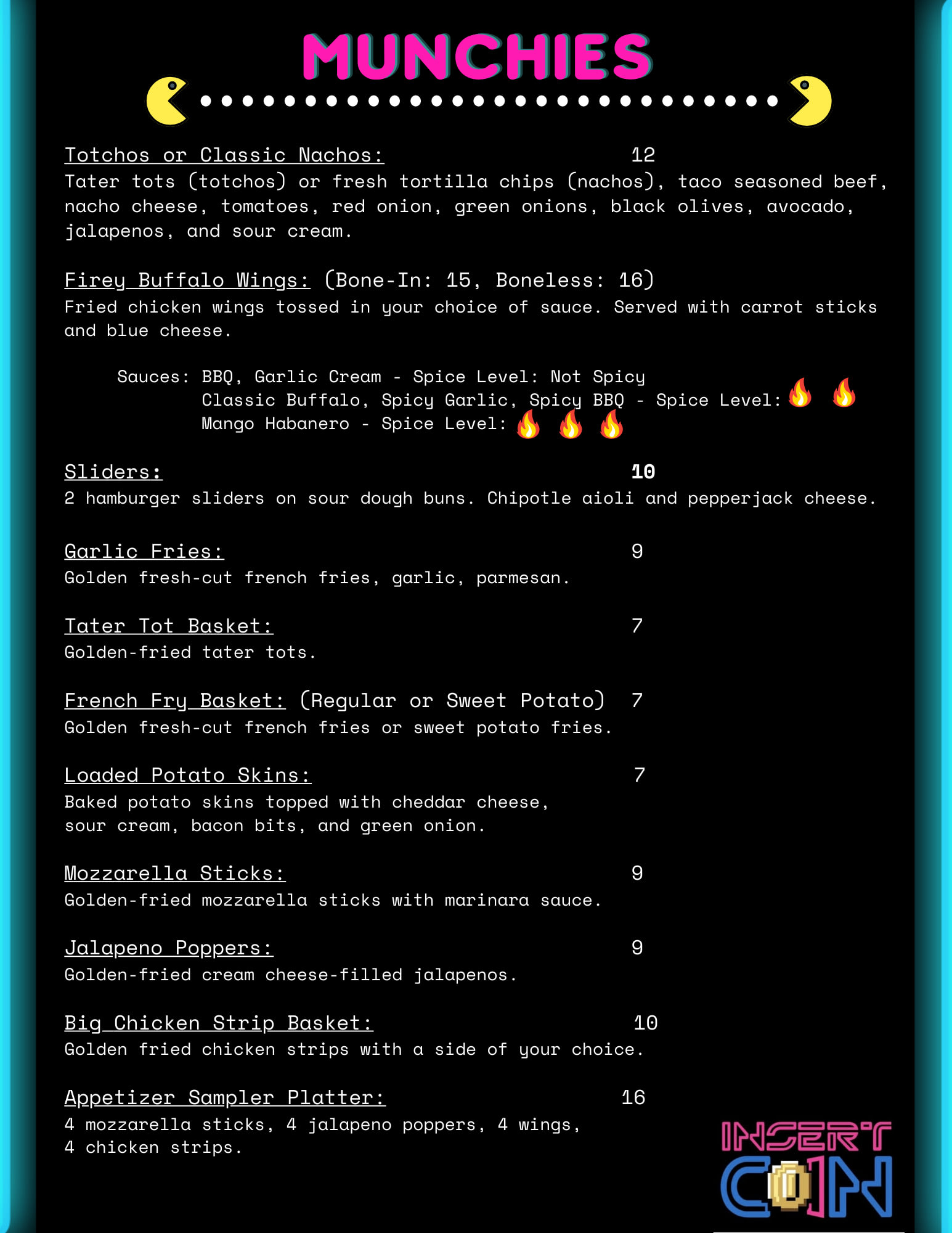 Munchies - Menu - Insert Coin | Arcade & Bar | Centralia