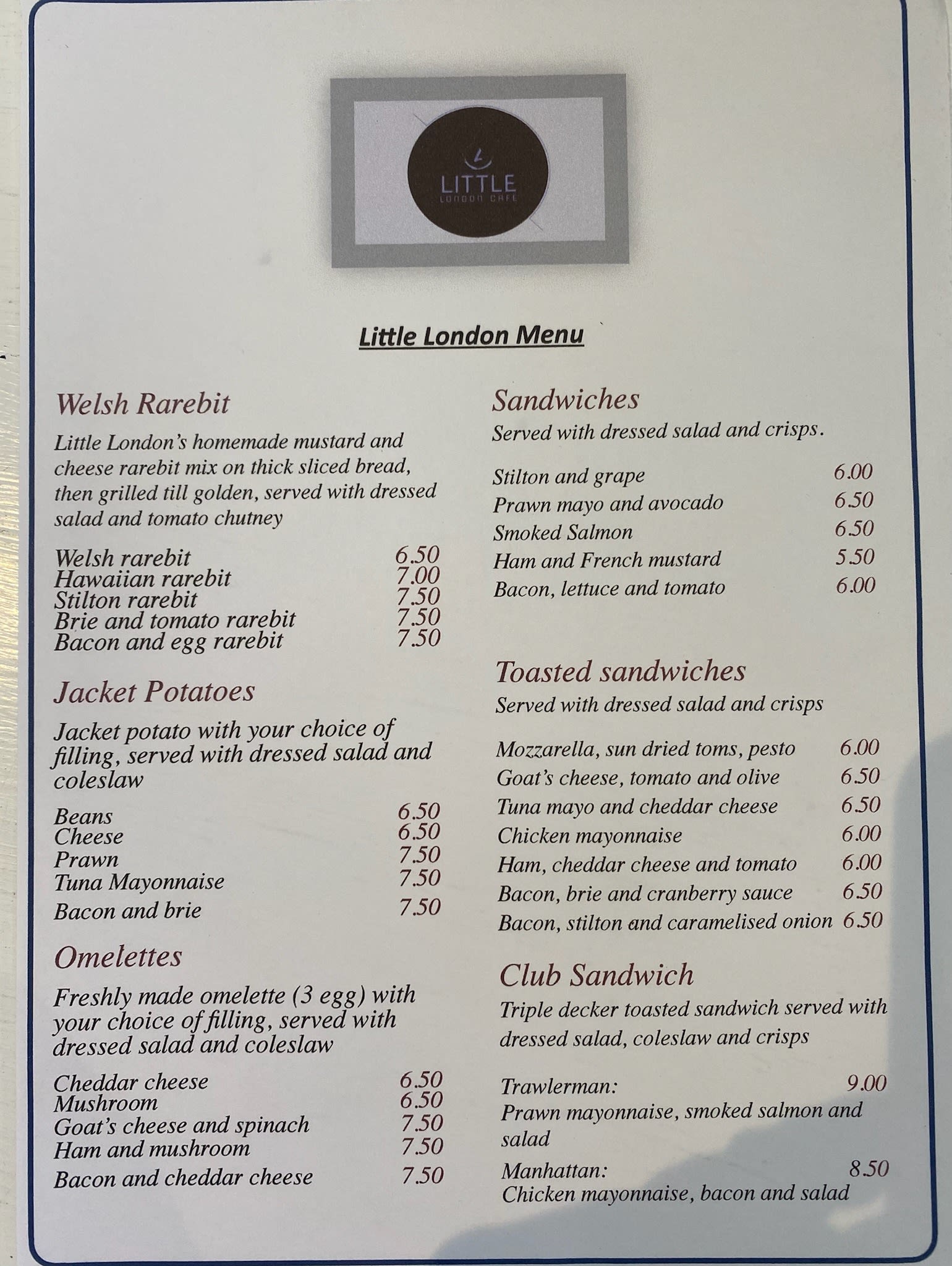 menu - Menu - Little London Cafe | Cafe in Chichester