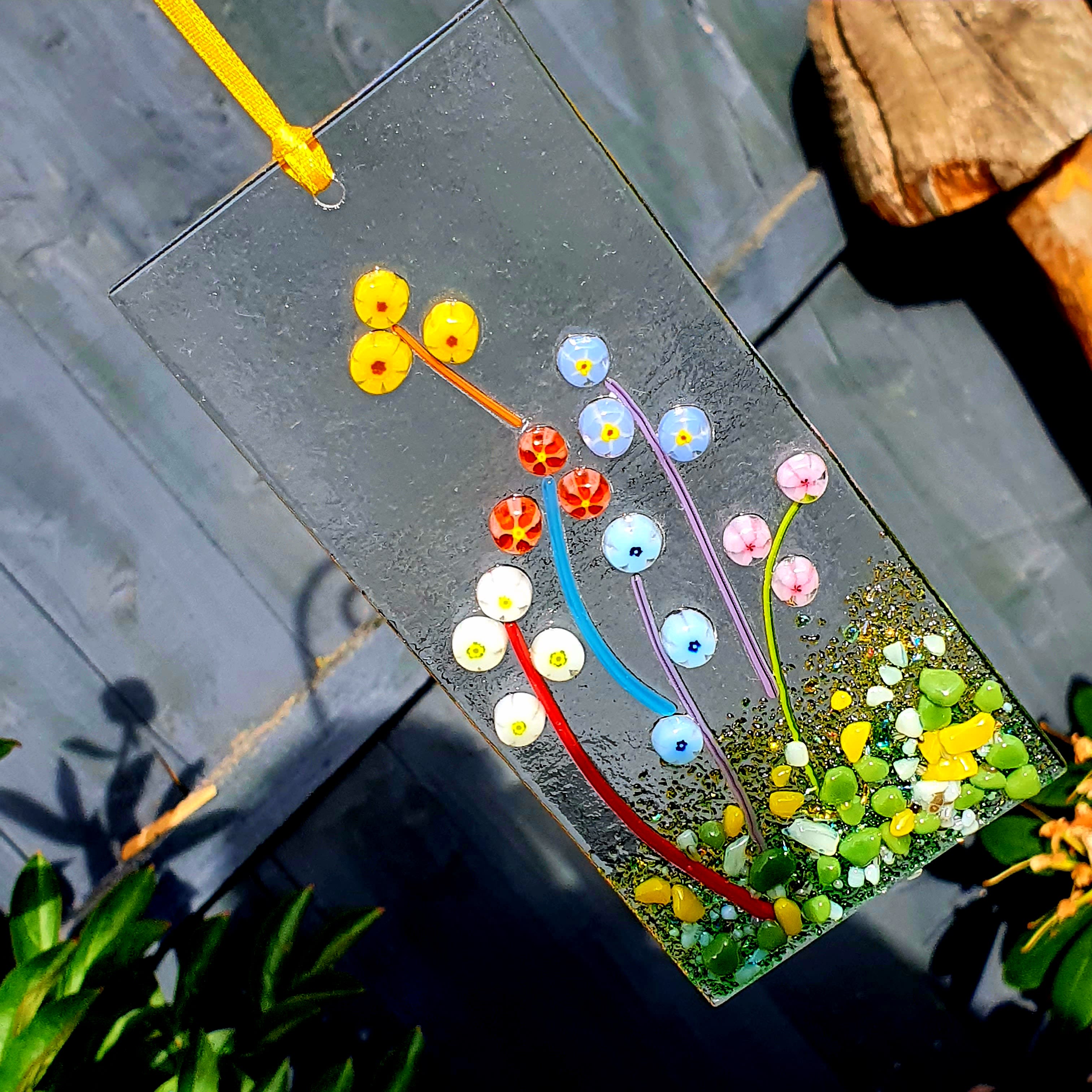 Textured Flower Suncatcher, Orange and Blue Flowers Suncatcher, Fused Glass Suncatcher