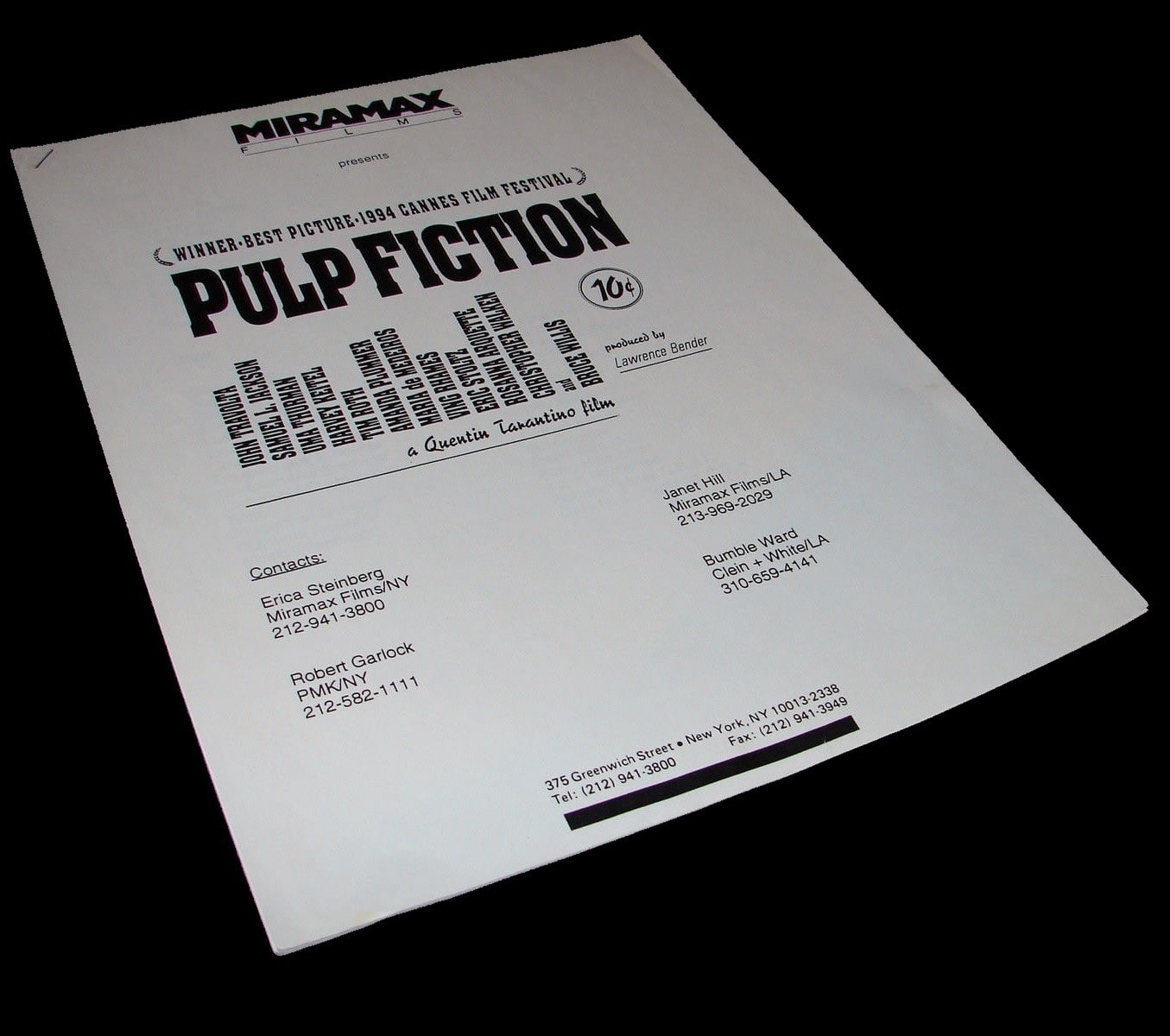 1994 Quentin Tarantino Movie PULP FICTION Press Kit Production Notes