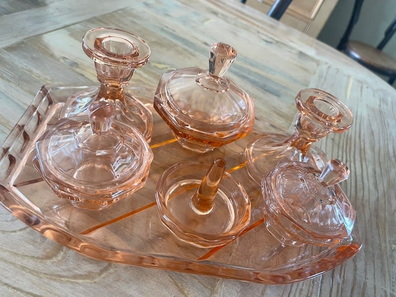 Vintage Rose Pink Coloured 7pc Dressing Table Set