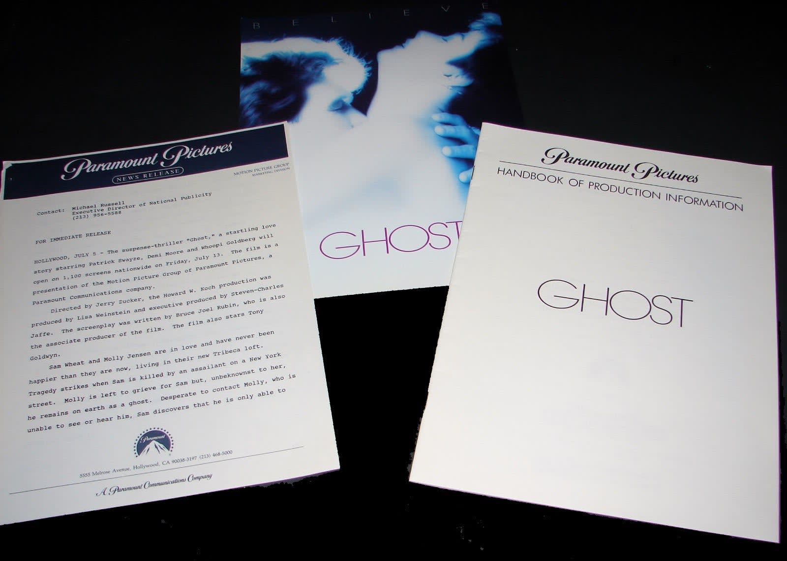 1990 Jerry Zucker Movie GHOST Press Kit PRODUCTION NOTES & INFO BOOKLETS