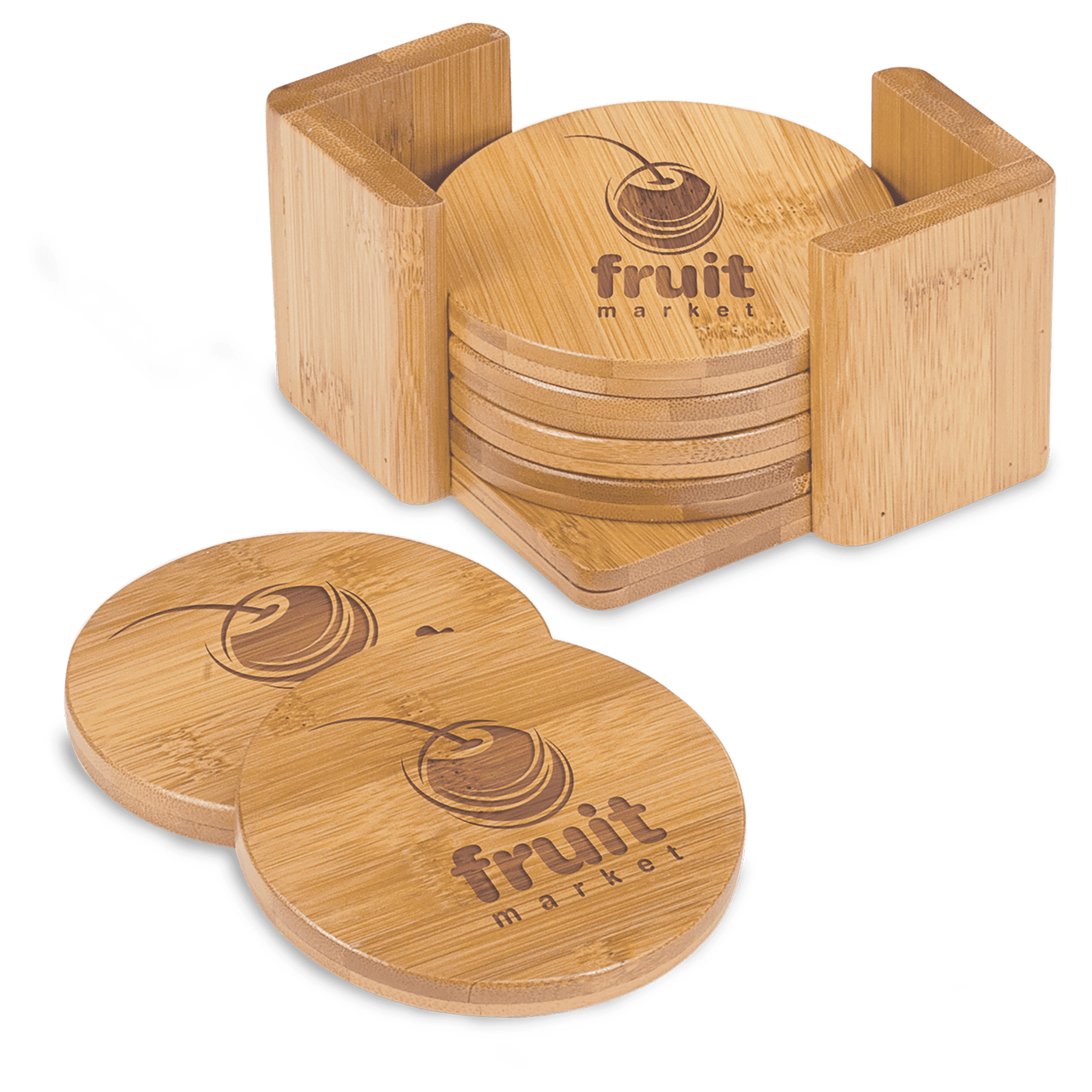 Round Bamboo 6-Coaster Set with Holder - Coasters - BAR Engraving ...