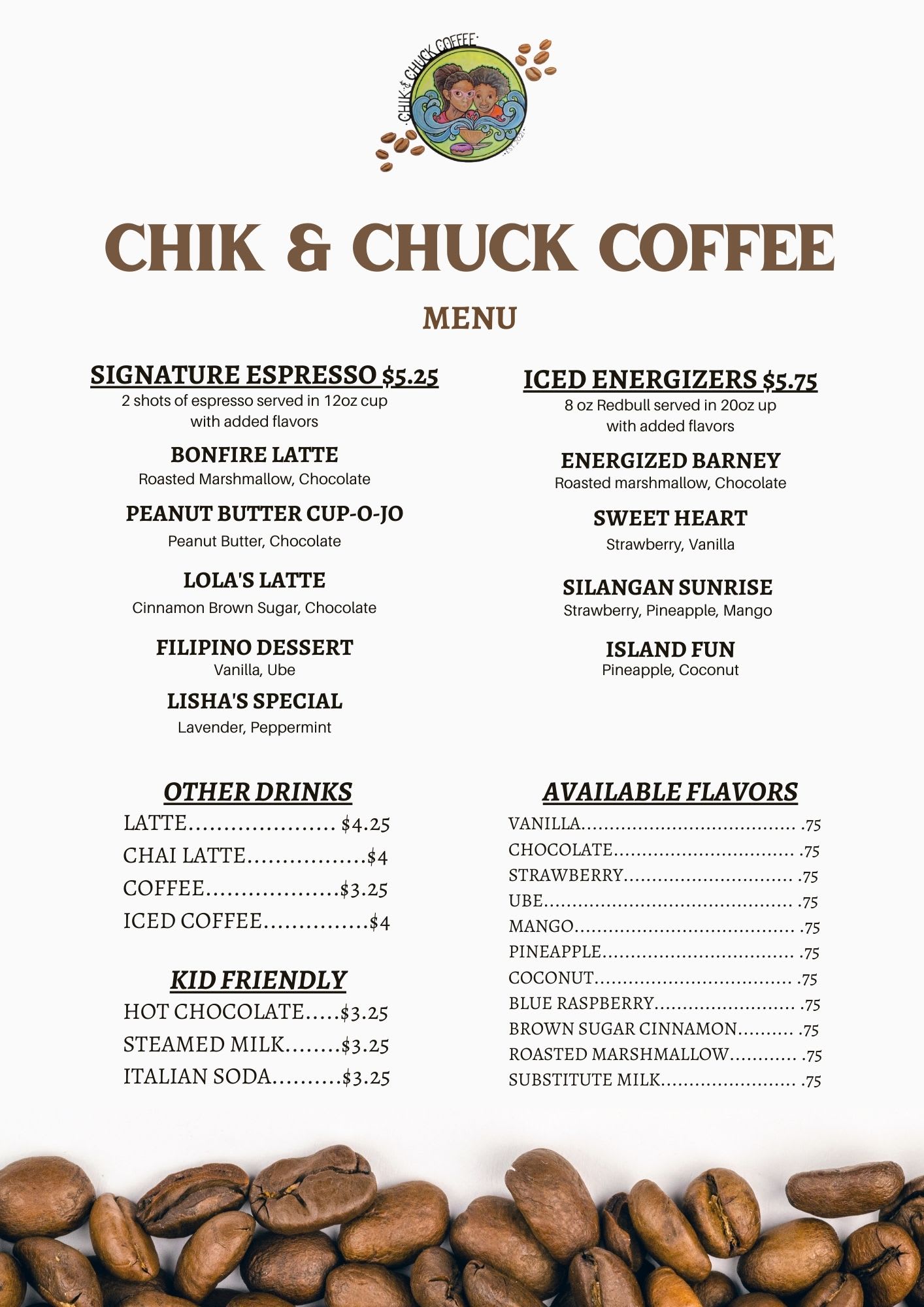 Menu - Beverages - Chik & Chuck’s Coffee LLC | Portland Coffee Shop