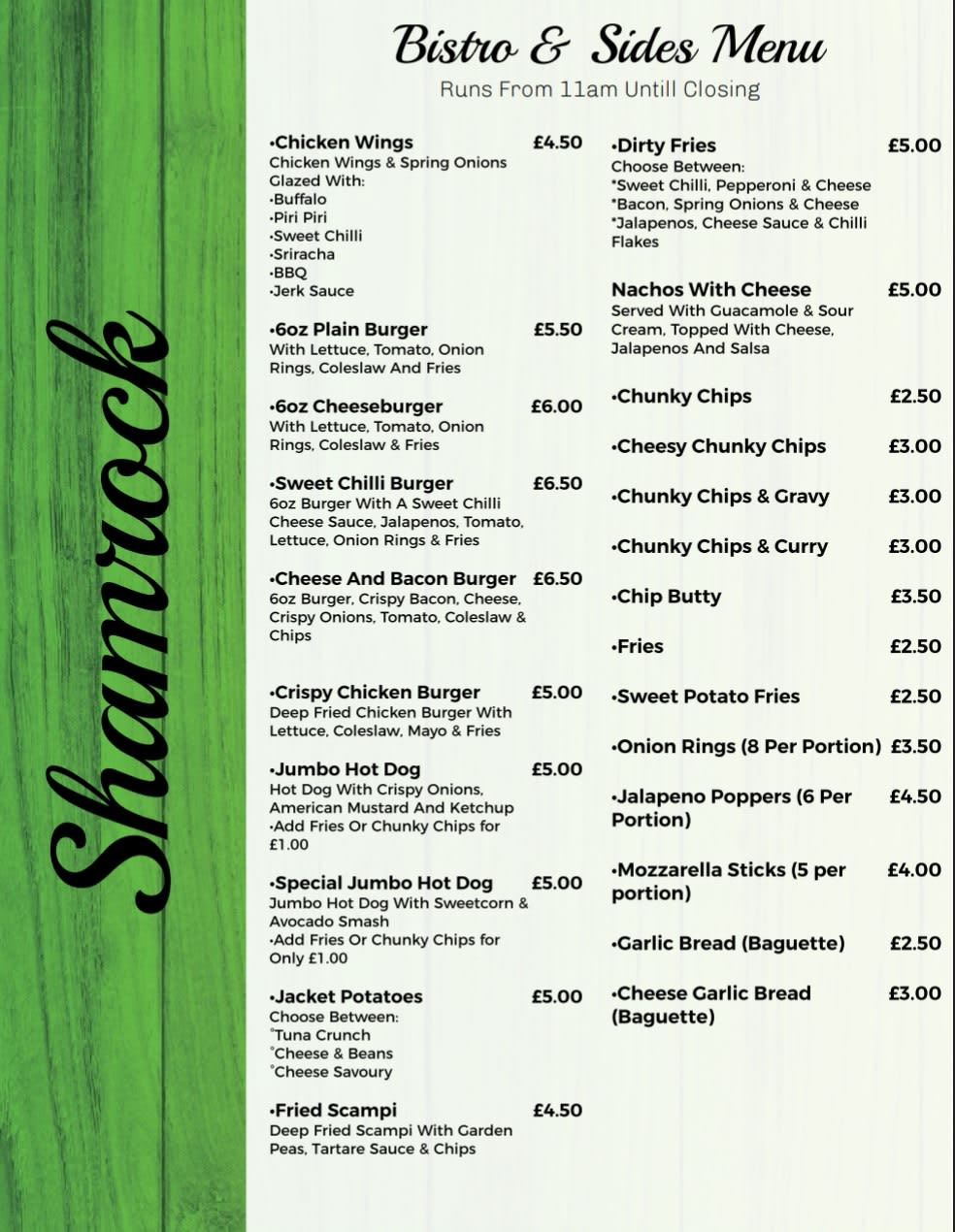 Bistro and Sides Menu - Menù - Shamrock - Pancake Restaurant | Stanley