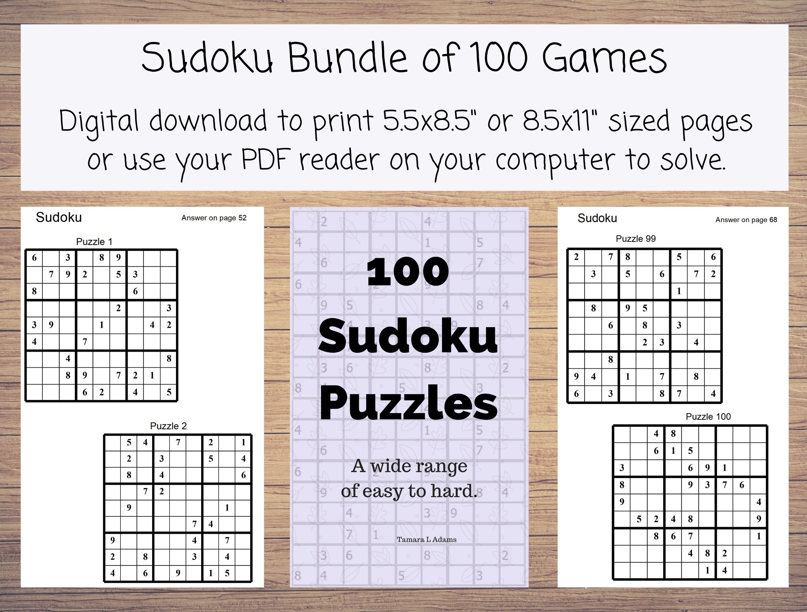 100 Sudoku Puzzles - Adult Activity PDF Printables - Tamara L Adams ...