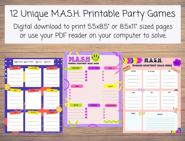 MASH Printable Party Games - Kids Activity Printables - Tamara L Adams ...