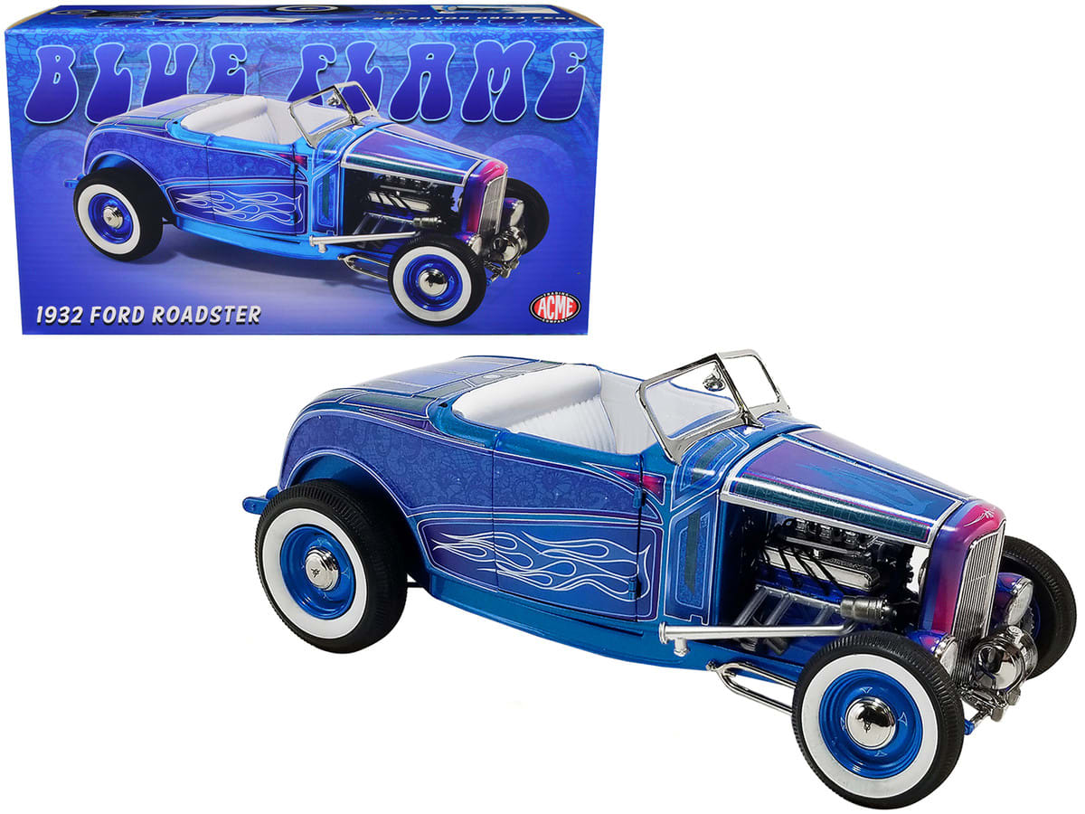 1932 Ford Roadster Hot Rod Blue Metallic with Flames and White Interior