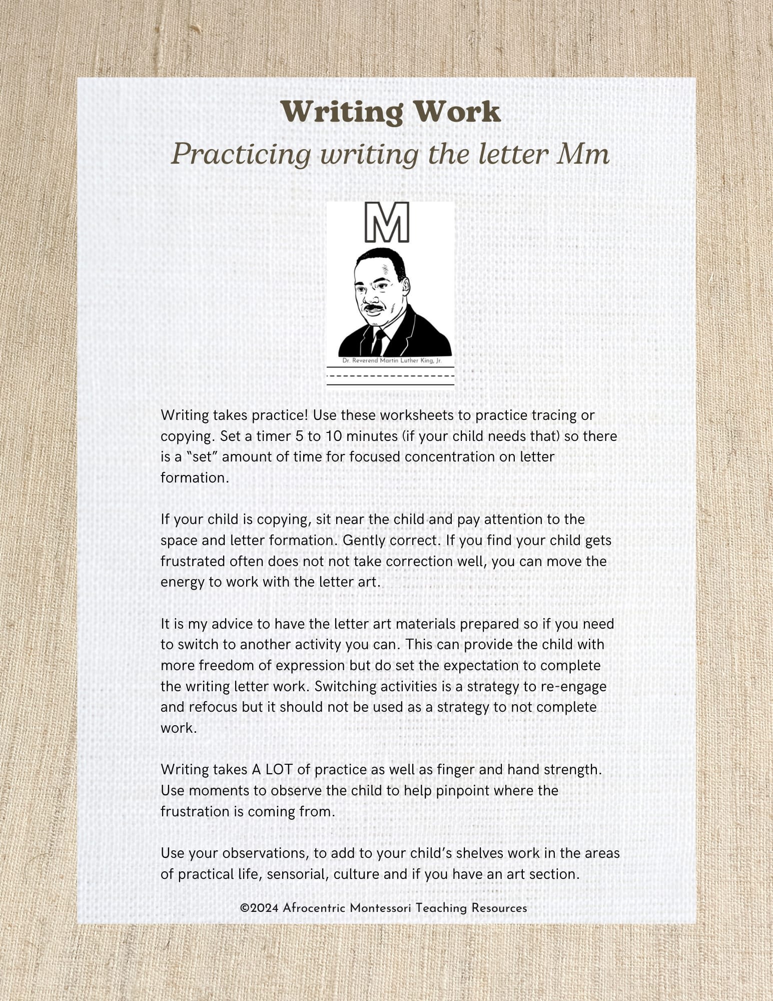 Writing + Art with the letter Mm for Dr. Rev. Martin Luther King, Jr.