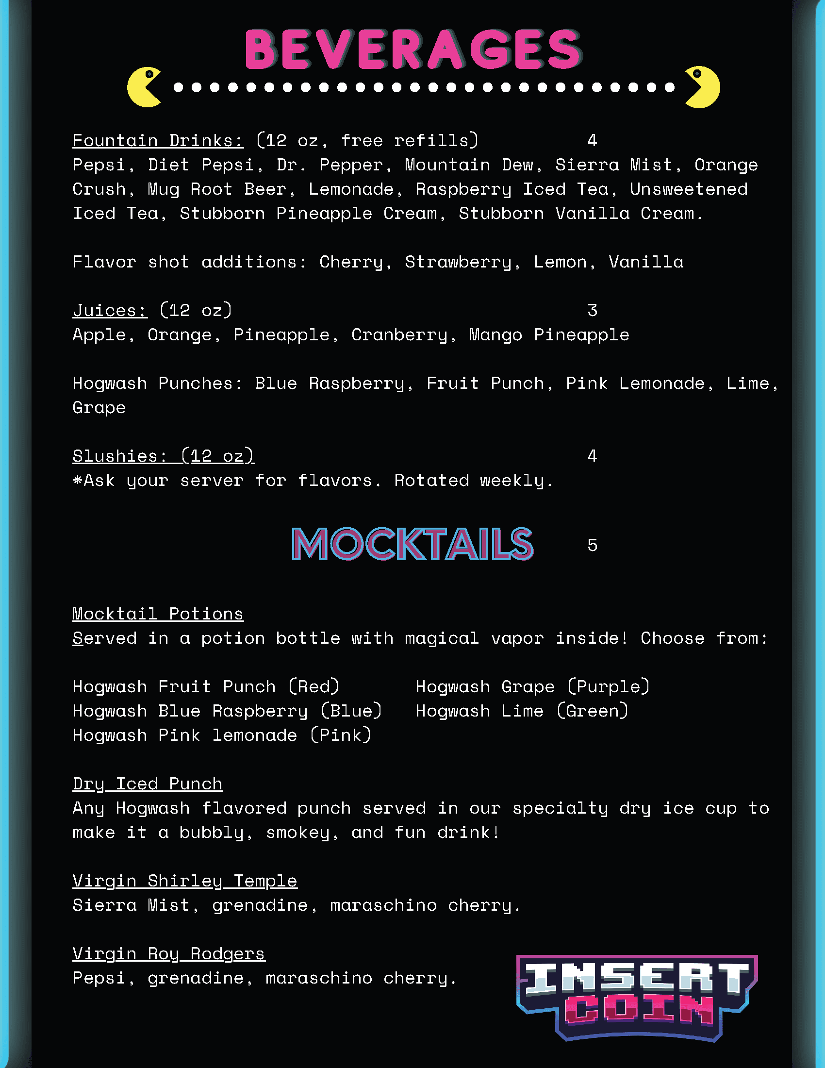 Fountain Drinks - Menu - Insert Coin | Arcade & Bar | Centralia