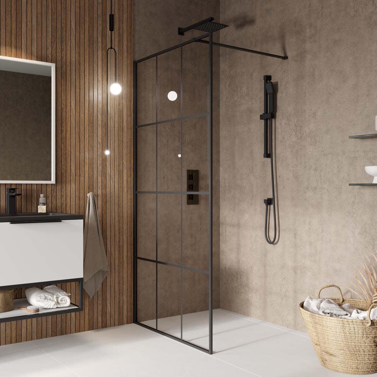 Black Grid Walk-In Shower Screen 8mm Glass - Shower Enclosures ...