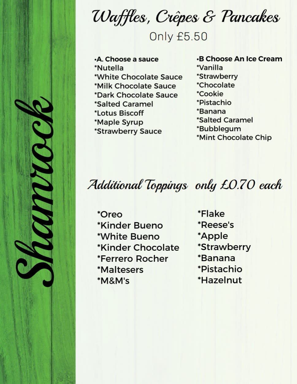 Waffles, Crepes and Pancakes Menu - Menù - Shamrock - Pancake ...