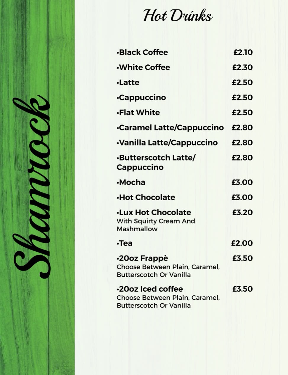 Coffee and Tea Menu - Menù - Shamrock - Pancake Restaurant | Stanley