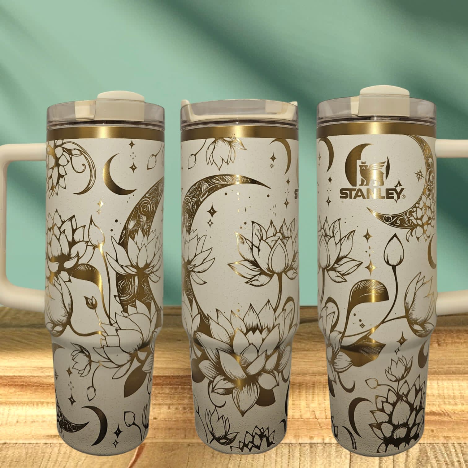 30oz 40oz Cream Moon Stanley Laser Engraved Lotus Flowers Crescent Moon