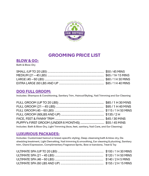 Grooming Price List - Grooming Price List - Pet Store | Paw Boutique ...