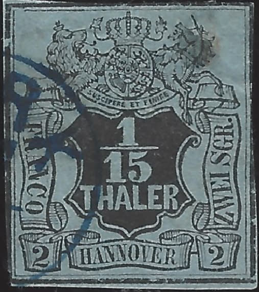 German Stamp – Scott #5 – 1851 Hanover 1/15th Gray Blue Stamp – German ...