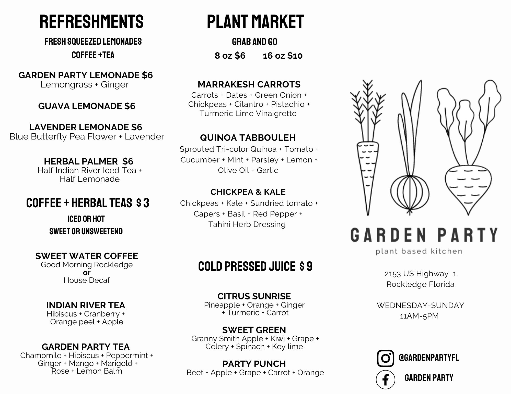 Spring Menu - Menu - Garden Party | Plant Based Kitchen in Rockledge