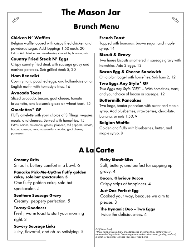 Brunch Menu - MENU - The Mason Jar | Restaurant | Chesapeake, Virginia