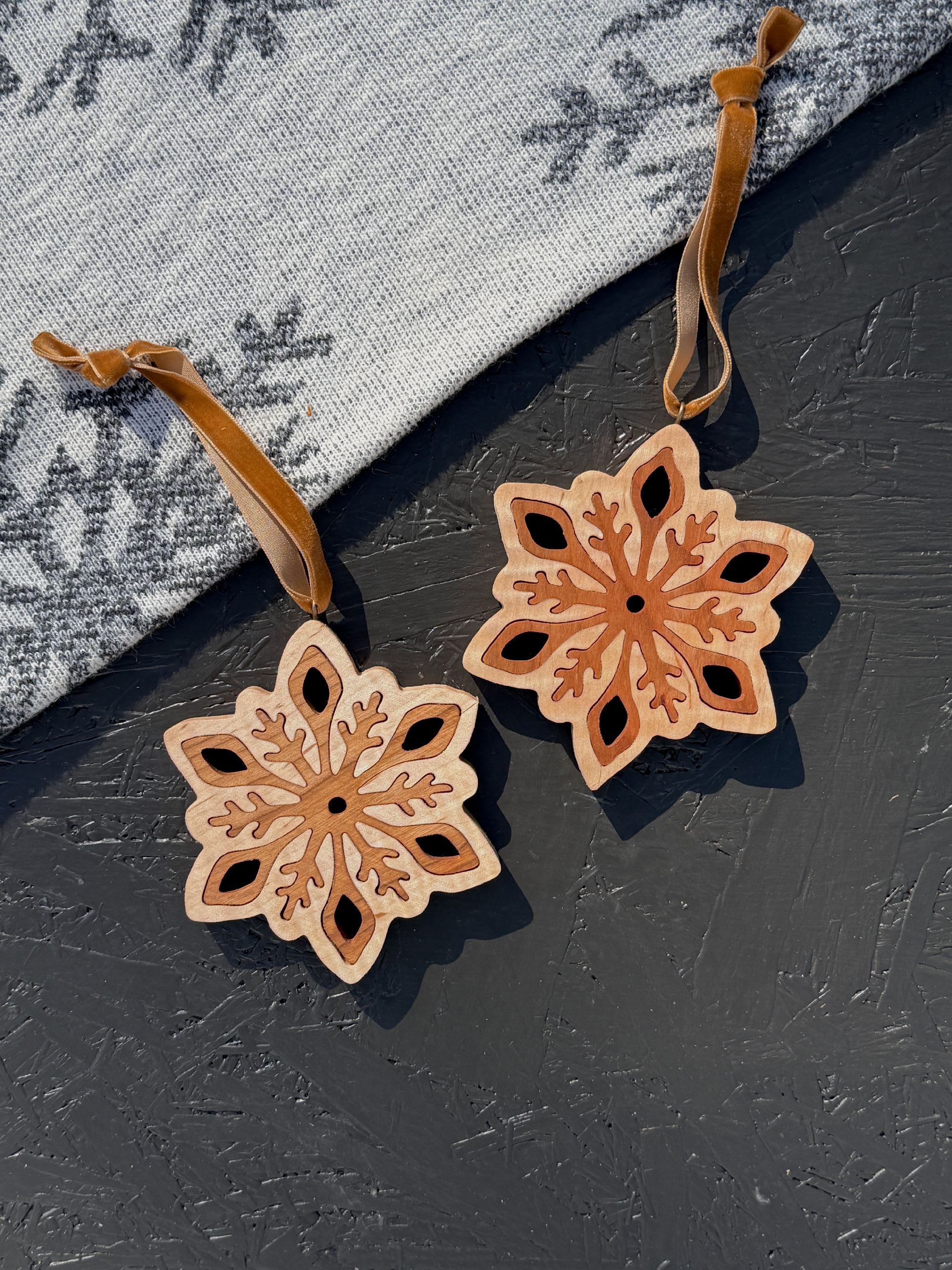 Sold Out- Double Snowflake A - Maple + Cherry - Double Snowflake Ornaments